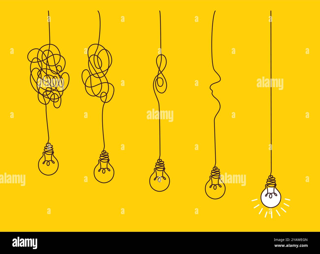 Solution concept of chaos in thoughts with hanging light bulbs with one glowing. Complex problem ...
