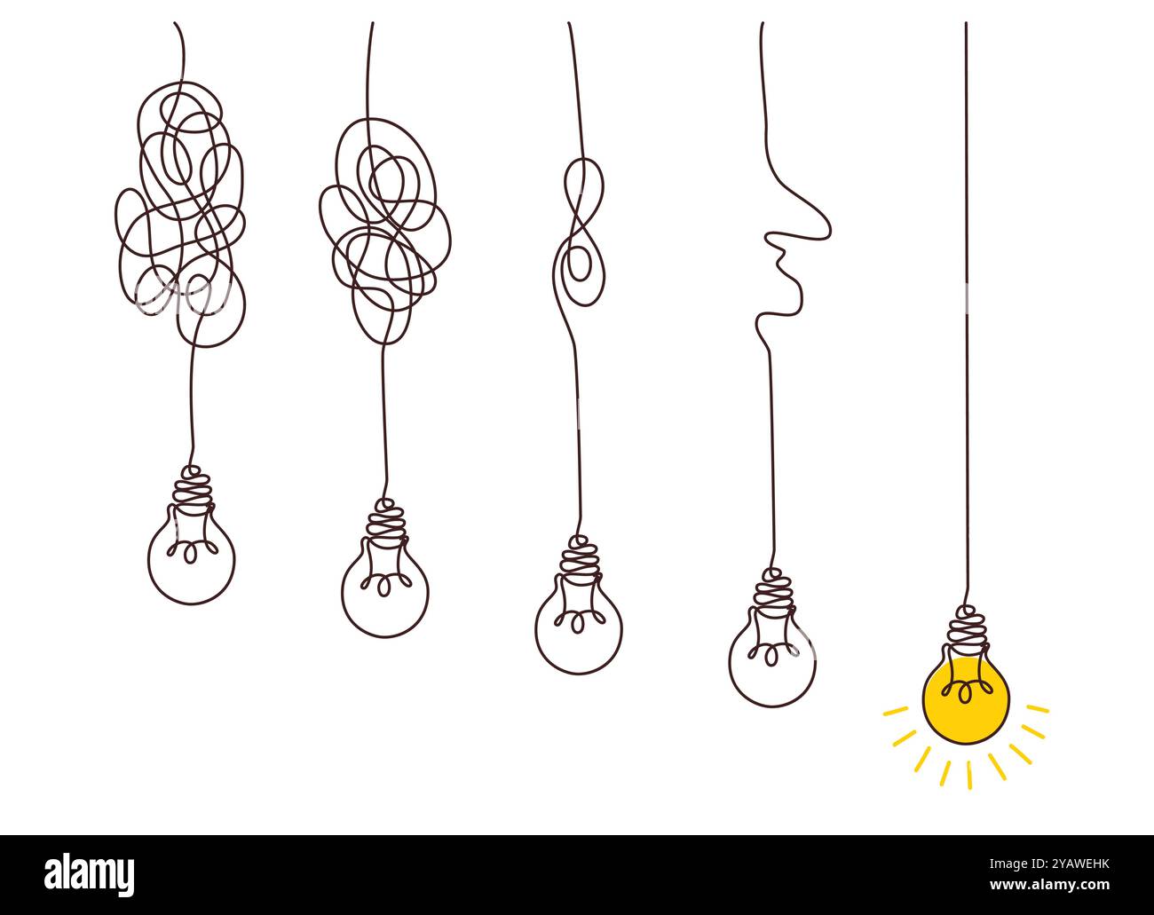 Solution concept of chaos in thoughts with hanging light bulbs with one ...