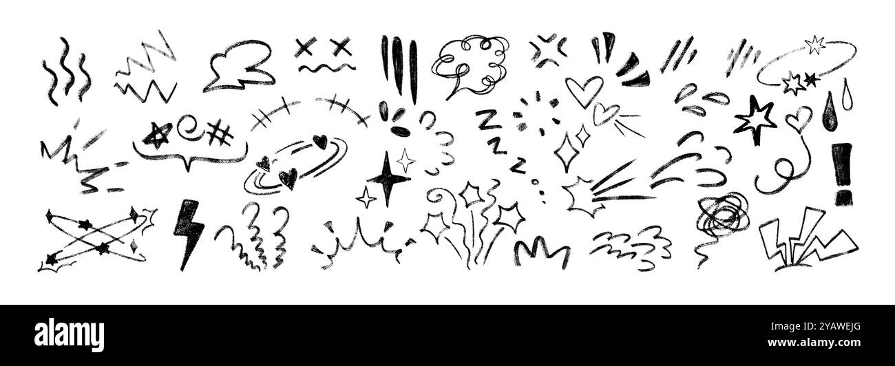 Line movement elements, anime manga doodle set. Black crayon comic ...