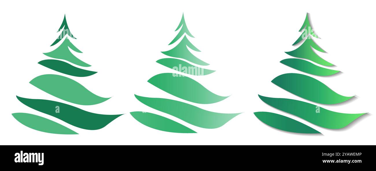 Three stylized Christmas trees in varying shades of green, featuring a ...
