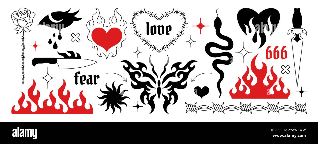 Y2k gothic tattoo sticker set. Neo tribal art elements, trendy goth emo ...