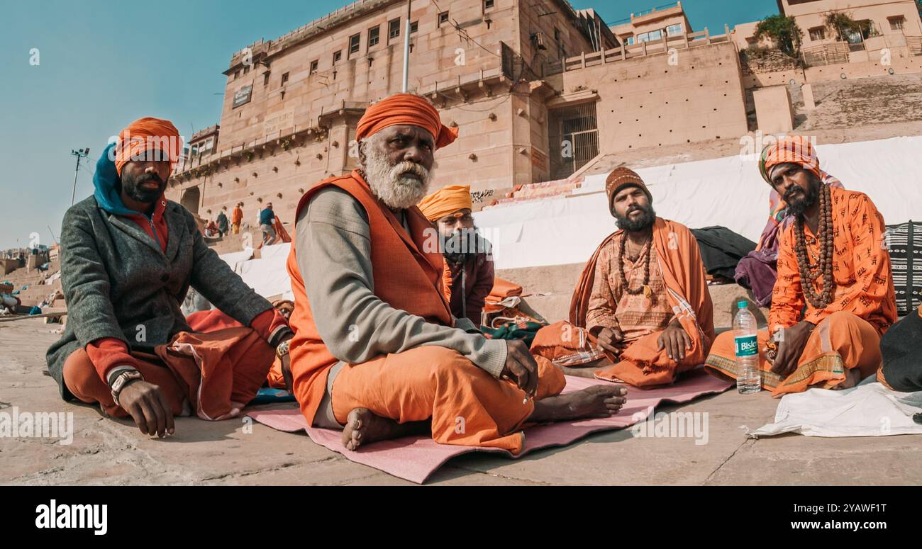 Varanasi, Uttar Pradesh, India. Group of Sadhus - indian holymen ...
