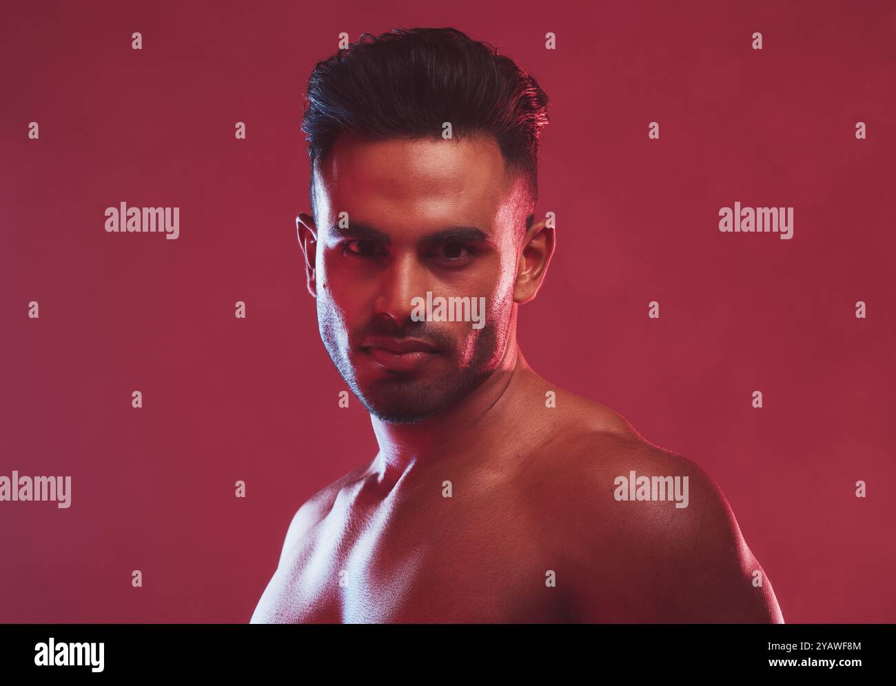 Grooming, serious and face portrait on studio background of man with ...