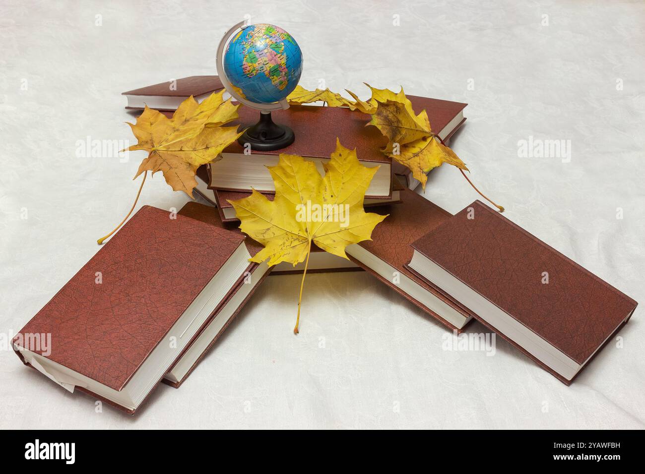 The globe stands on a stack of books surrounded by yellow autumn leaves ...