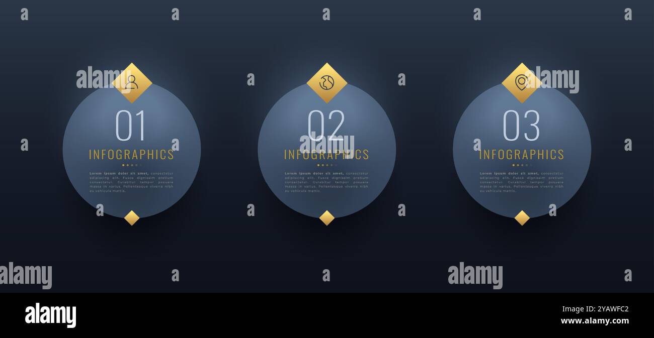three steps graph or chart golden banner for business workflow vector ...