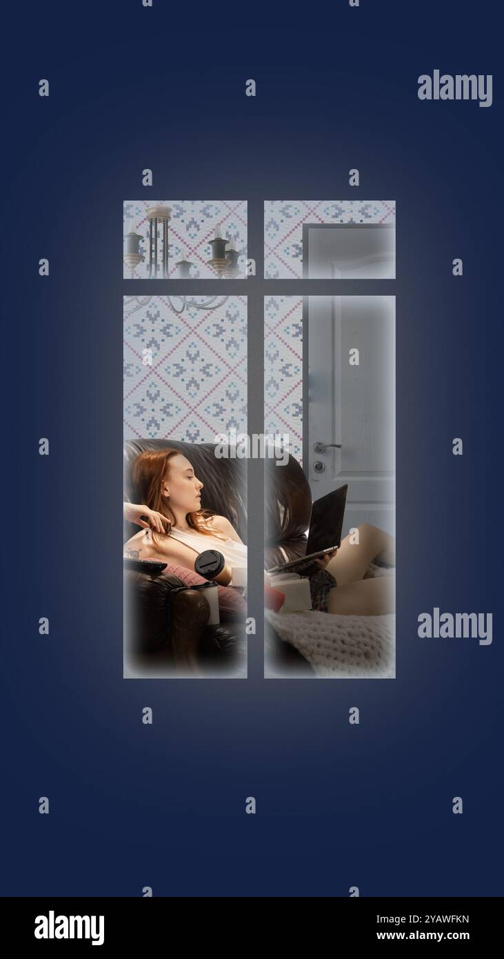 Contemporary art collage. Woman relaxing with camera and laptop, seen ...