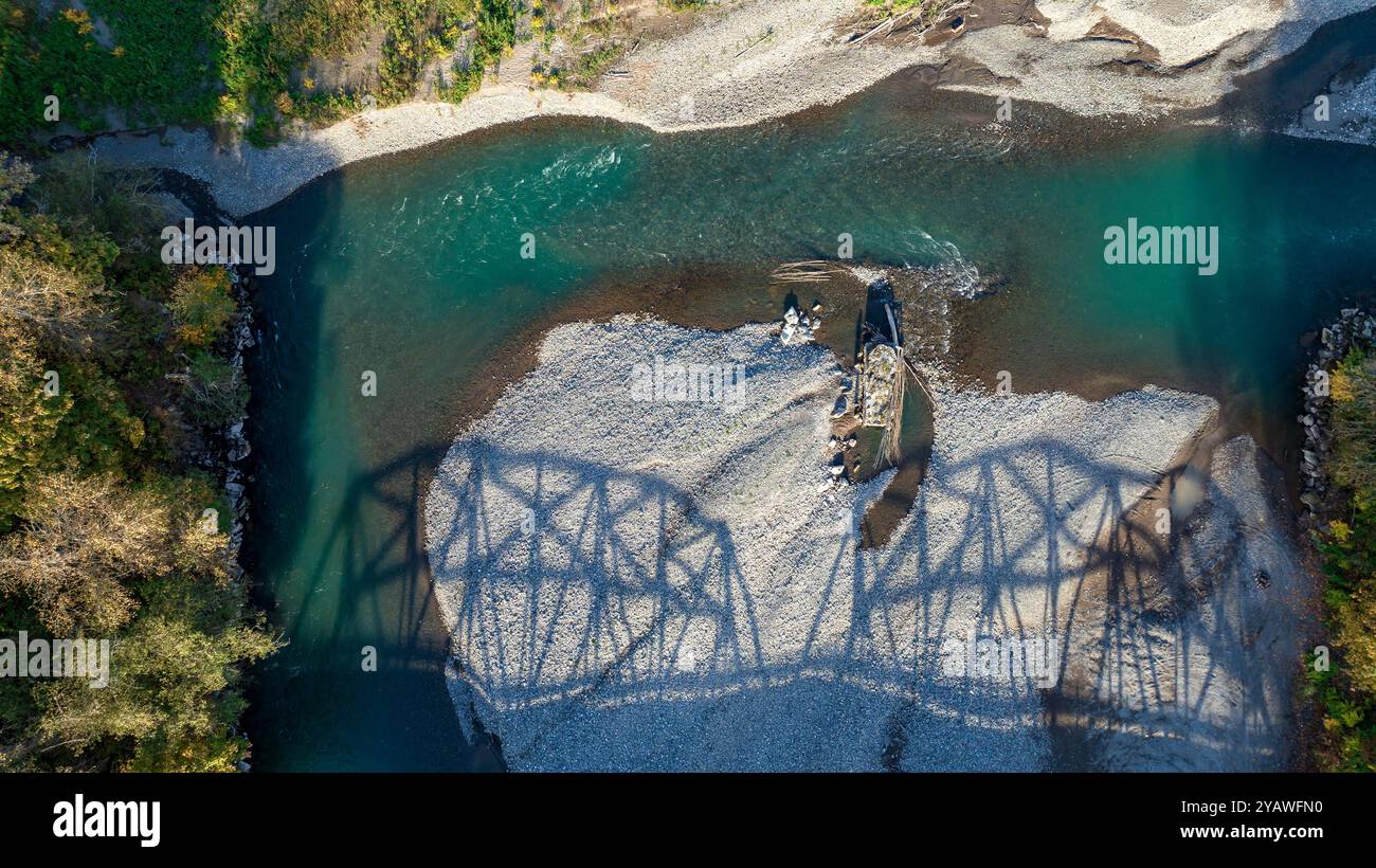 Aerial view of a bridge over the Nooksack River, Washington State, USA ...