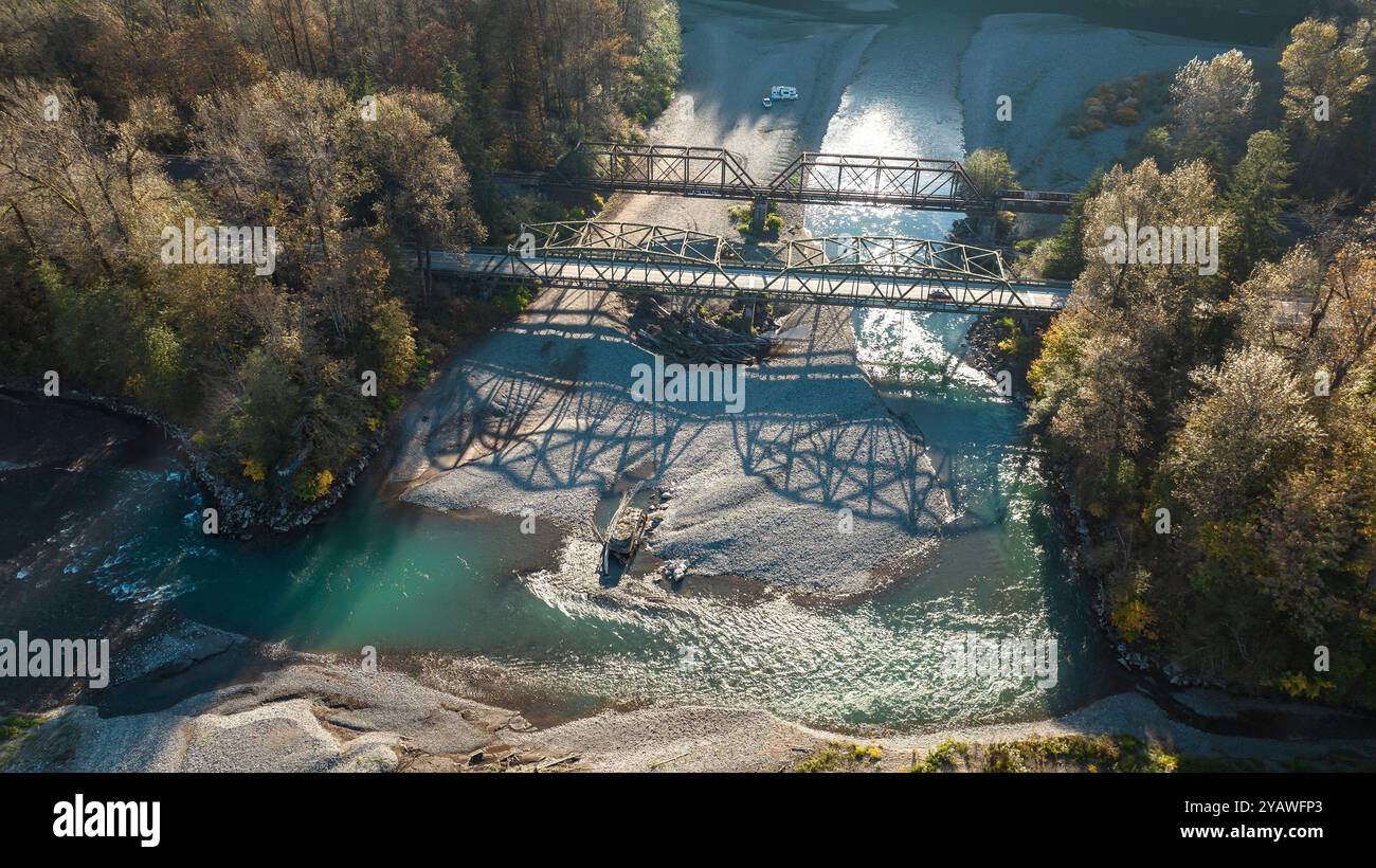 Aerial view of a bridge over the Nooksack River, Washington State, USA ...