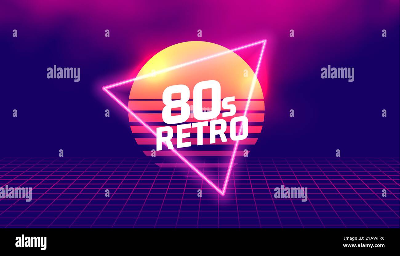 80s retro style geometric grid wallpaper with sun and neon frame vector ...
