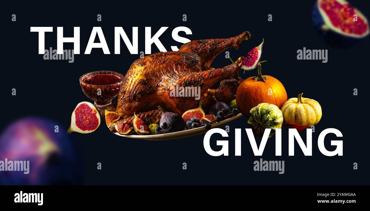 Roasted turkey on plate surrounded by pumpkins, figs, and cranberry ...