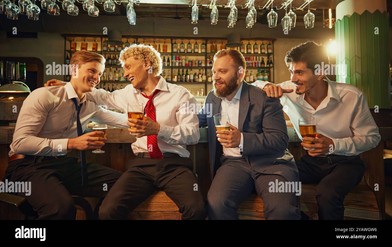 Smiling colleagues enjoy their drinks, sharing moment of happiness and ...