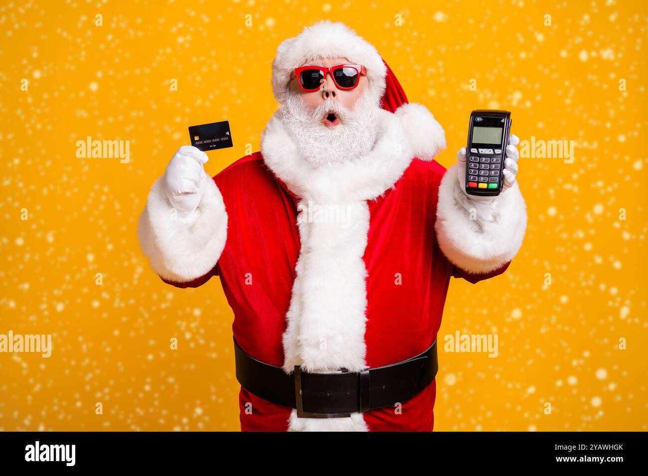 Portrait of his he nice attractive amazed fat overweight Santa holding ...