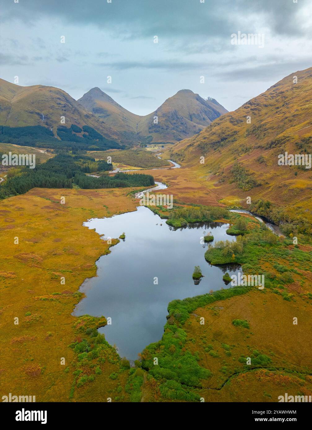 Aerial view from drone of Lochan Urr in Glen Etive in Scottish ...