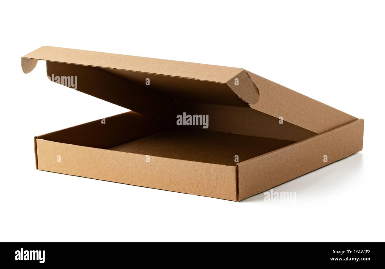 Empty cardboard box on a white surface showing its open position Stock ...