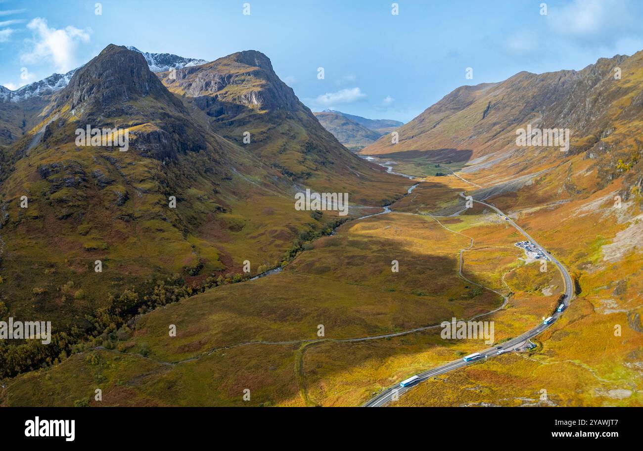 Aerial view from drone of The Three Sisters mountain peaks in Glen Coe ...