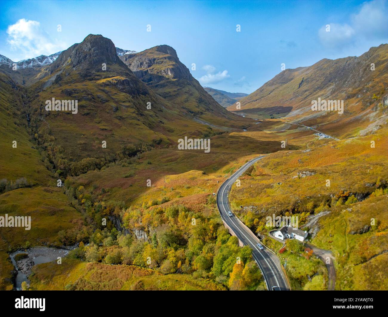 Aerial view from drone of The Three Sisters mountain peaks in Glen Coe ...