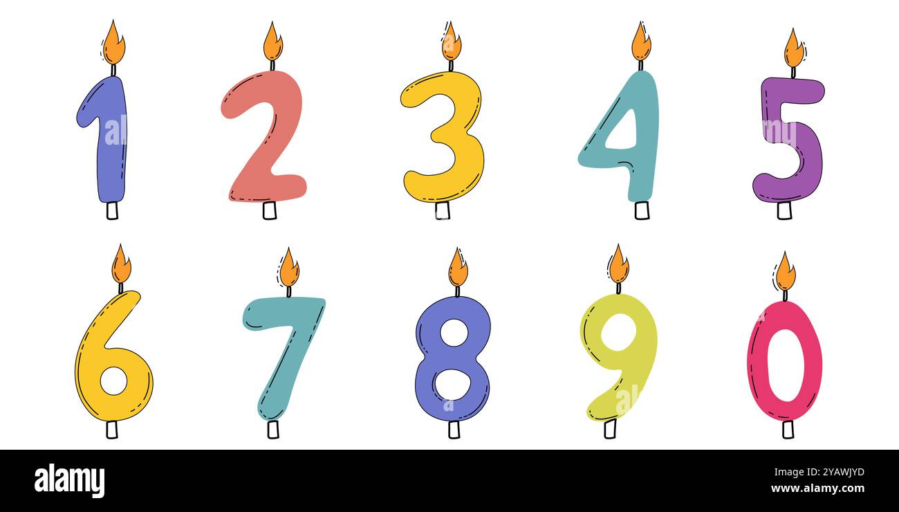 Birthday candles numbers cute outline doodle style, hand drawn. Set ...