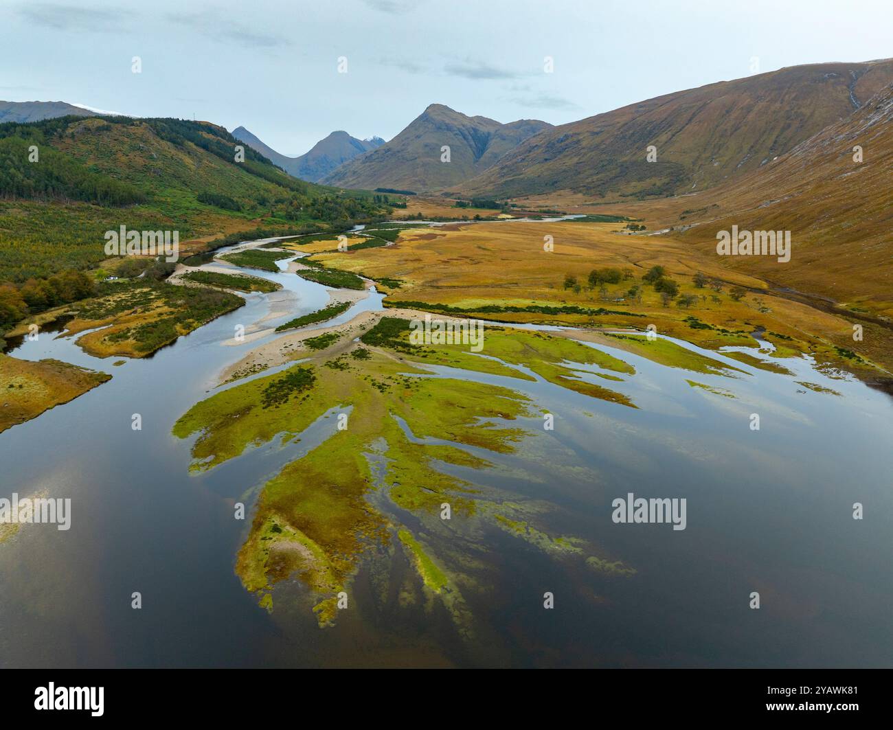 Aerial view from drone of landscape at head of Loch Etive in Glen Etive ...