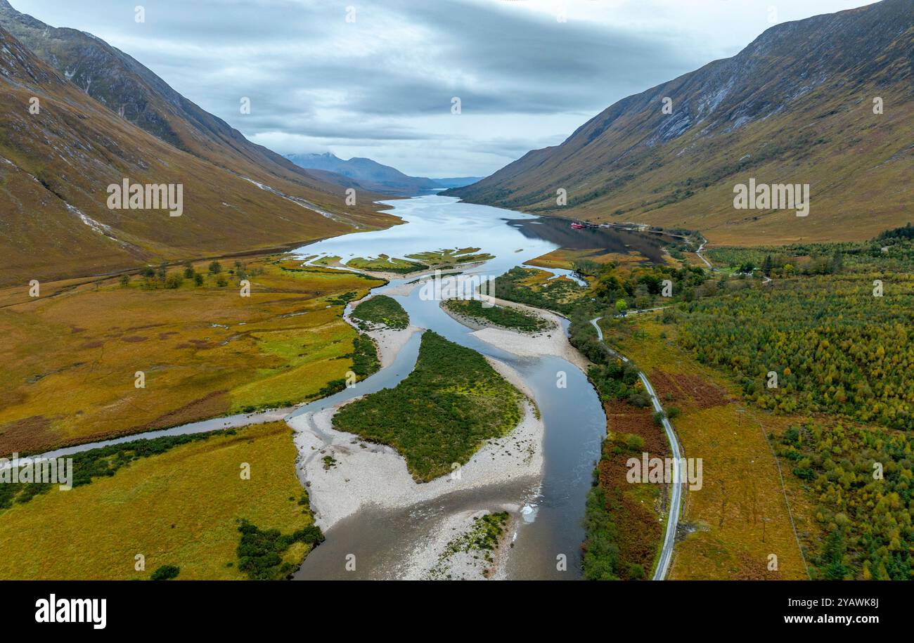 Aerial view from drone of landscape at head of Loch Etive in Glen Etive ...
