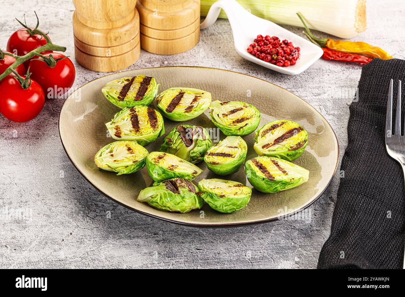 Vegan cuisine Grilled green brussel sprout cabbage Stock Photo - Alamy