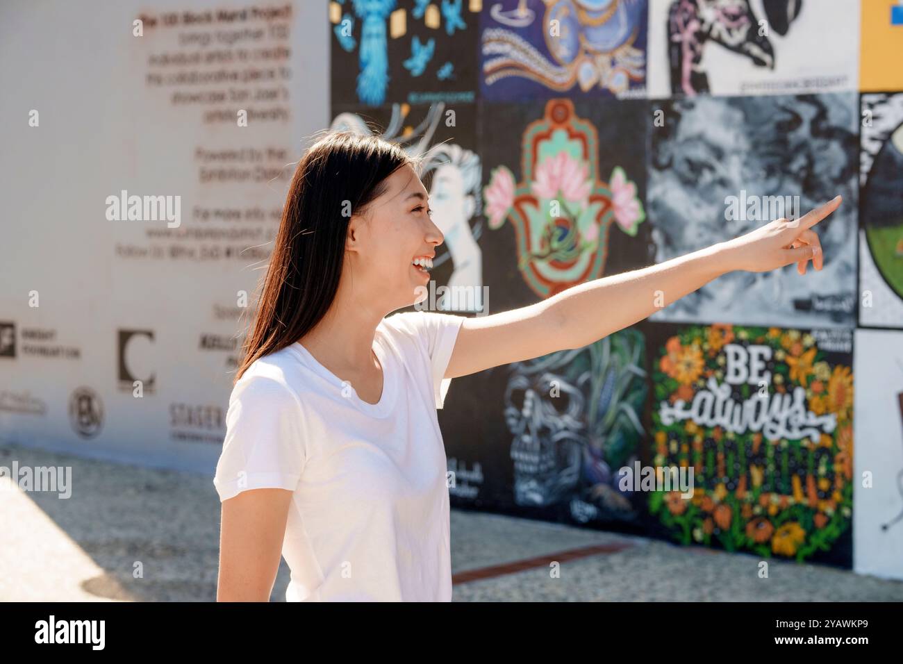 Happy Young Asian Woman Standing Reacting Camera Right Mural Outdoors ...