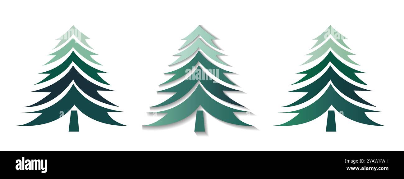Three stylized Christmas trees in varying shades of green, featuring a ...