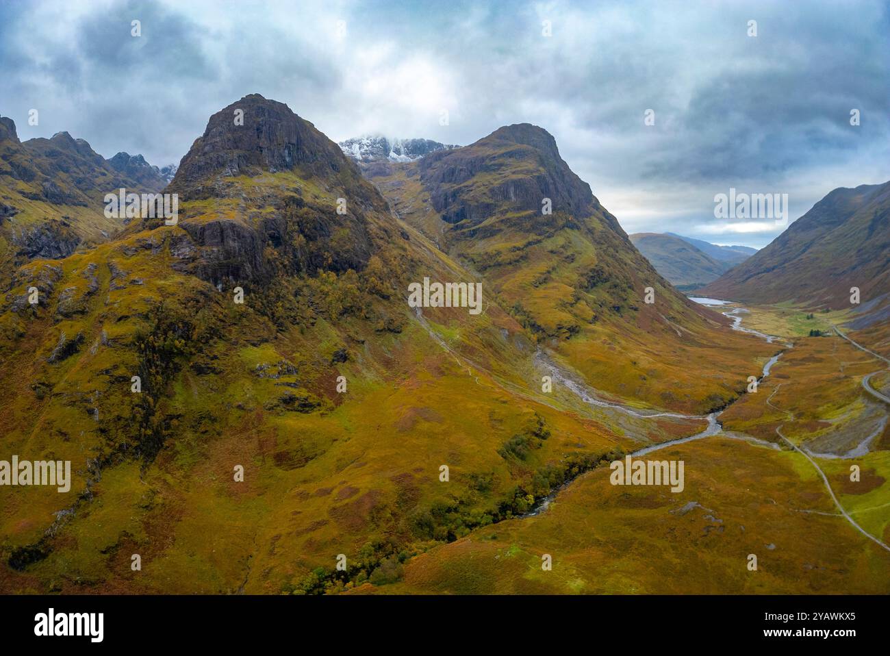 Aerial view from drone of The Three Sisters mountain peaks in Glen Coe ...