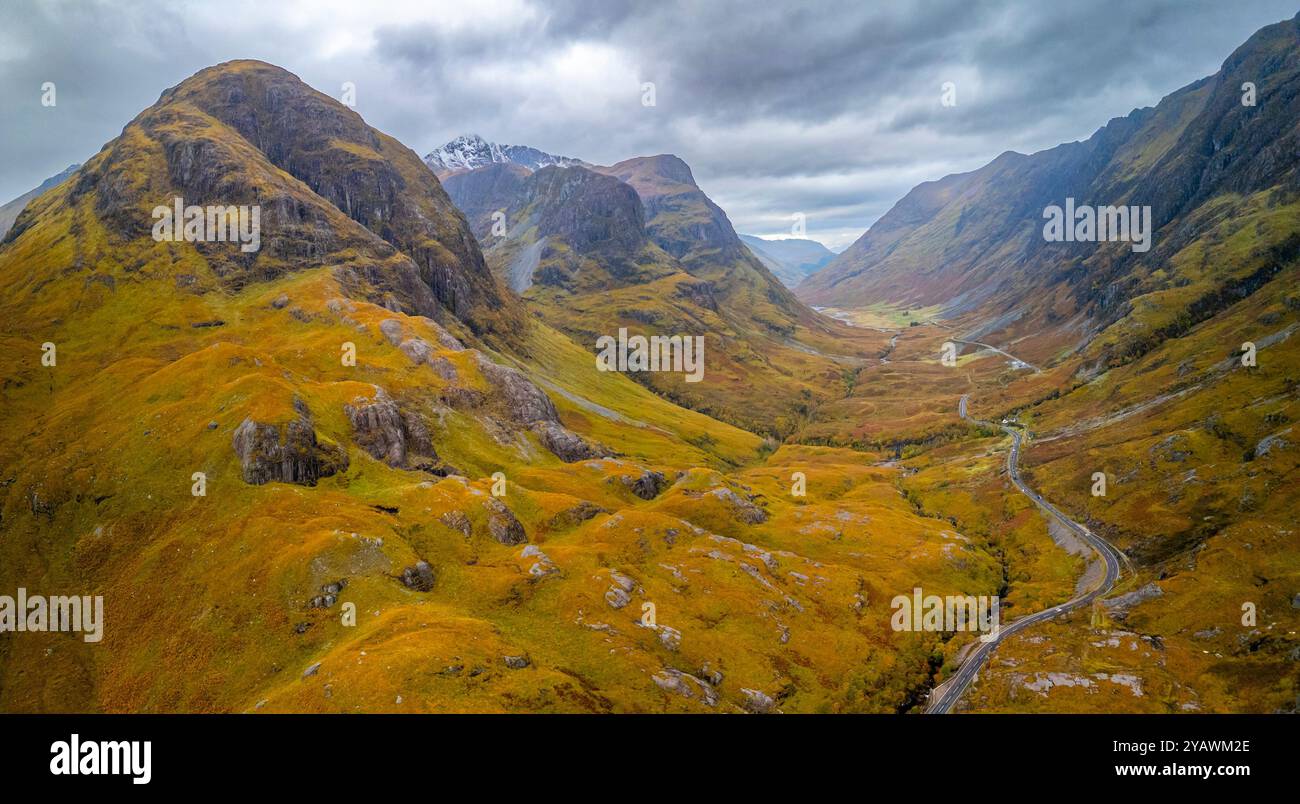 Aerial view from drone of The Three Sisters mountain peaks in Glen Coe ...