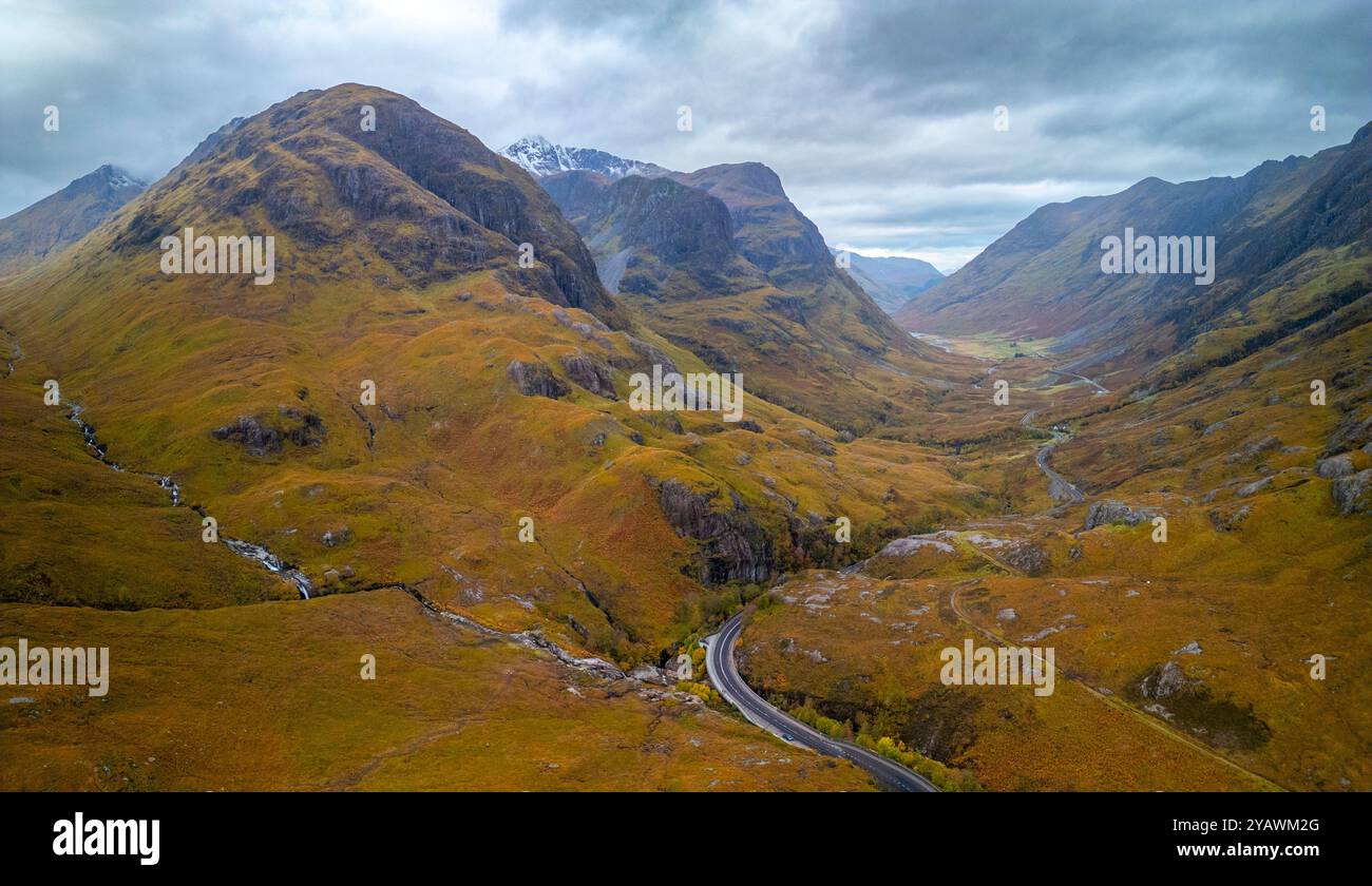 Aerial view from drone of The Three Sisters mountain peaks in Glen Coe ...