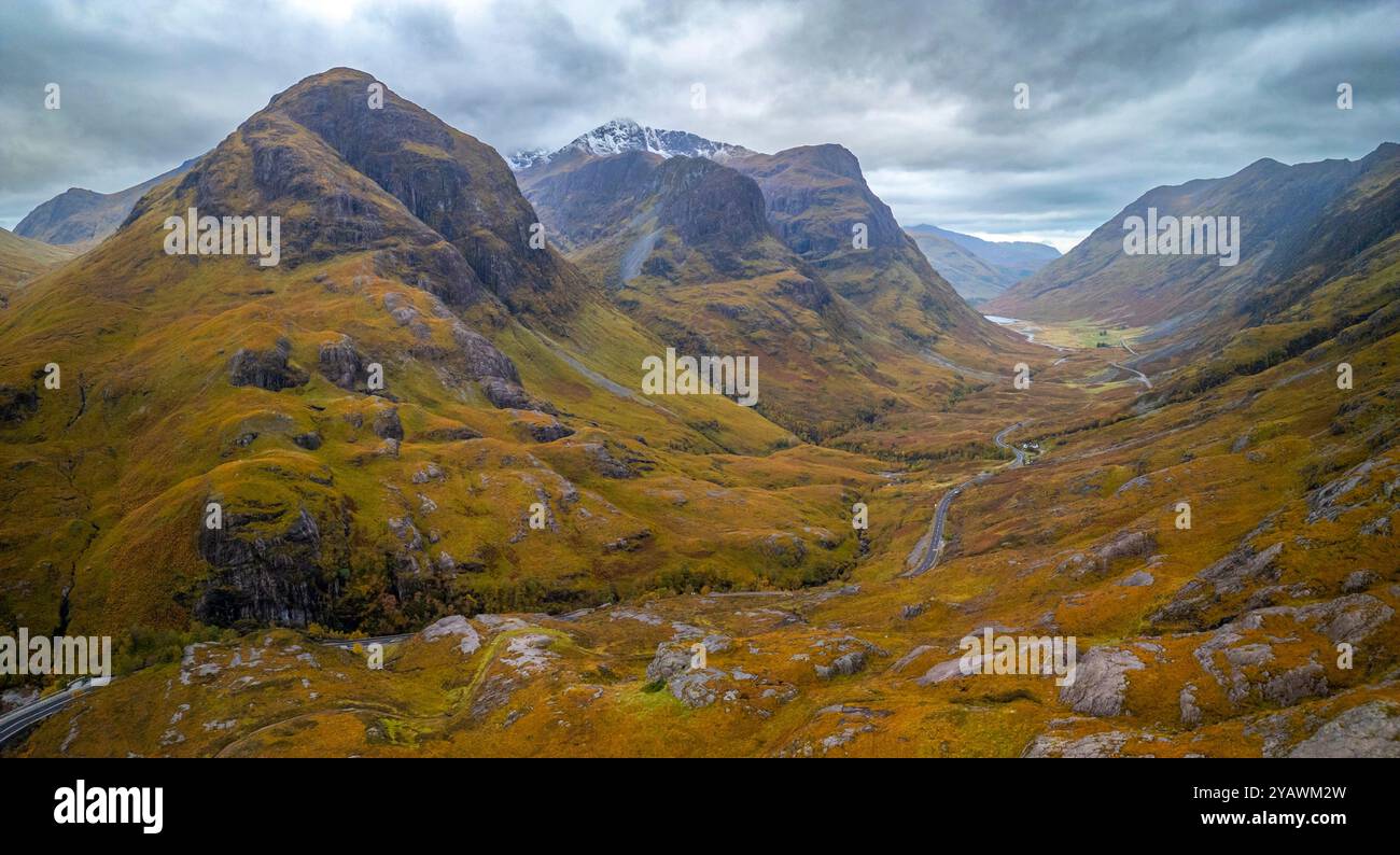 Aerial view from drone of The Three Sisters mountain peaks in Glen Coe ...