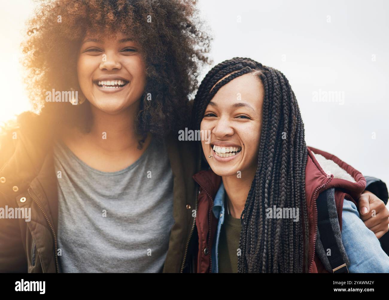Portrait, hug and friends with women, nature and bonding together with ...