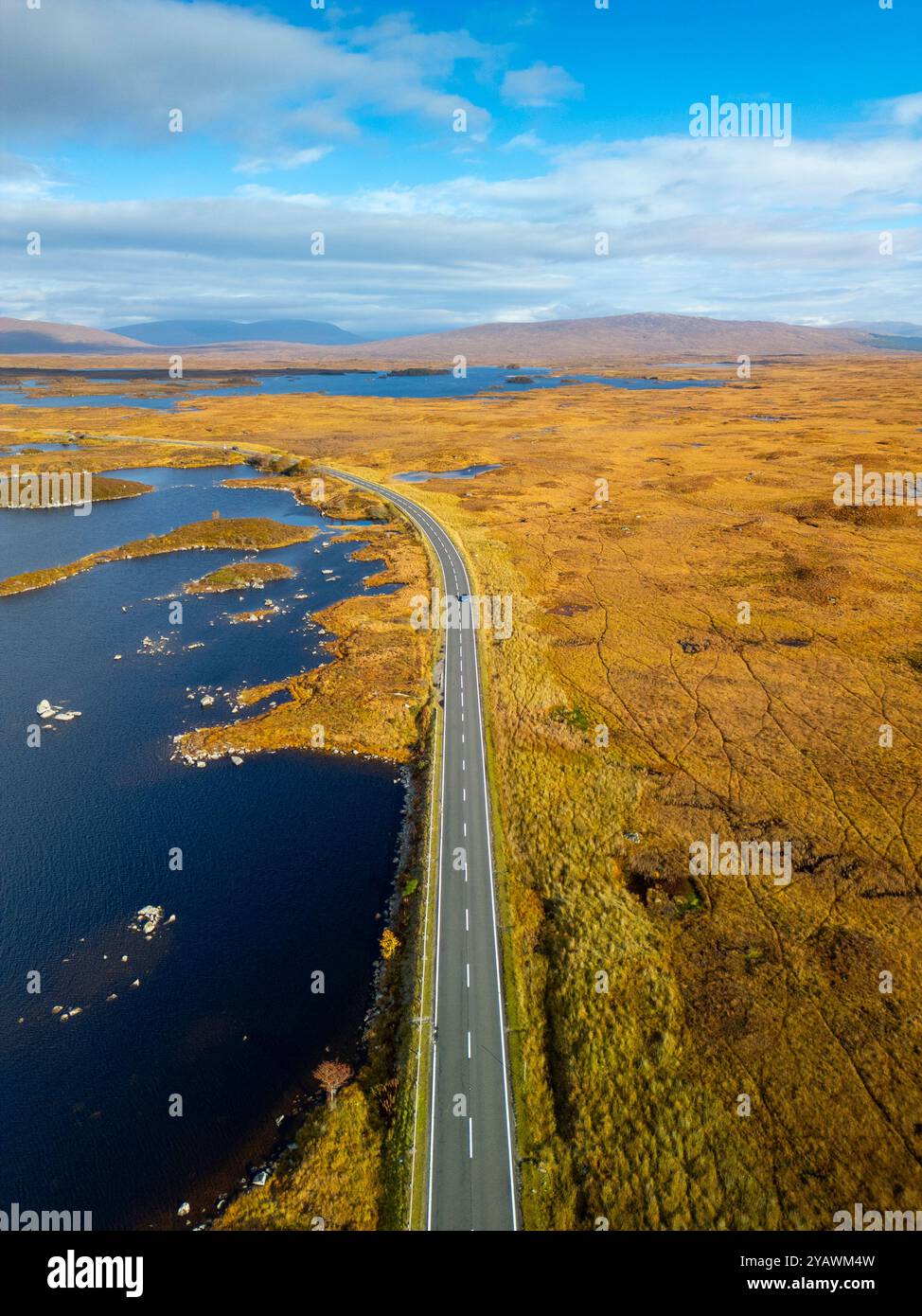 Aerial view from drone of Lochan na h-Achlaise and A82 road on Rannoch ...