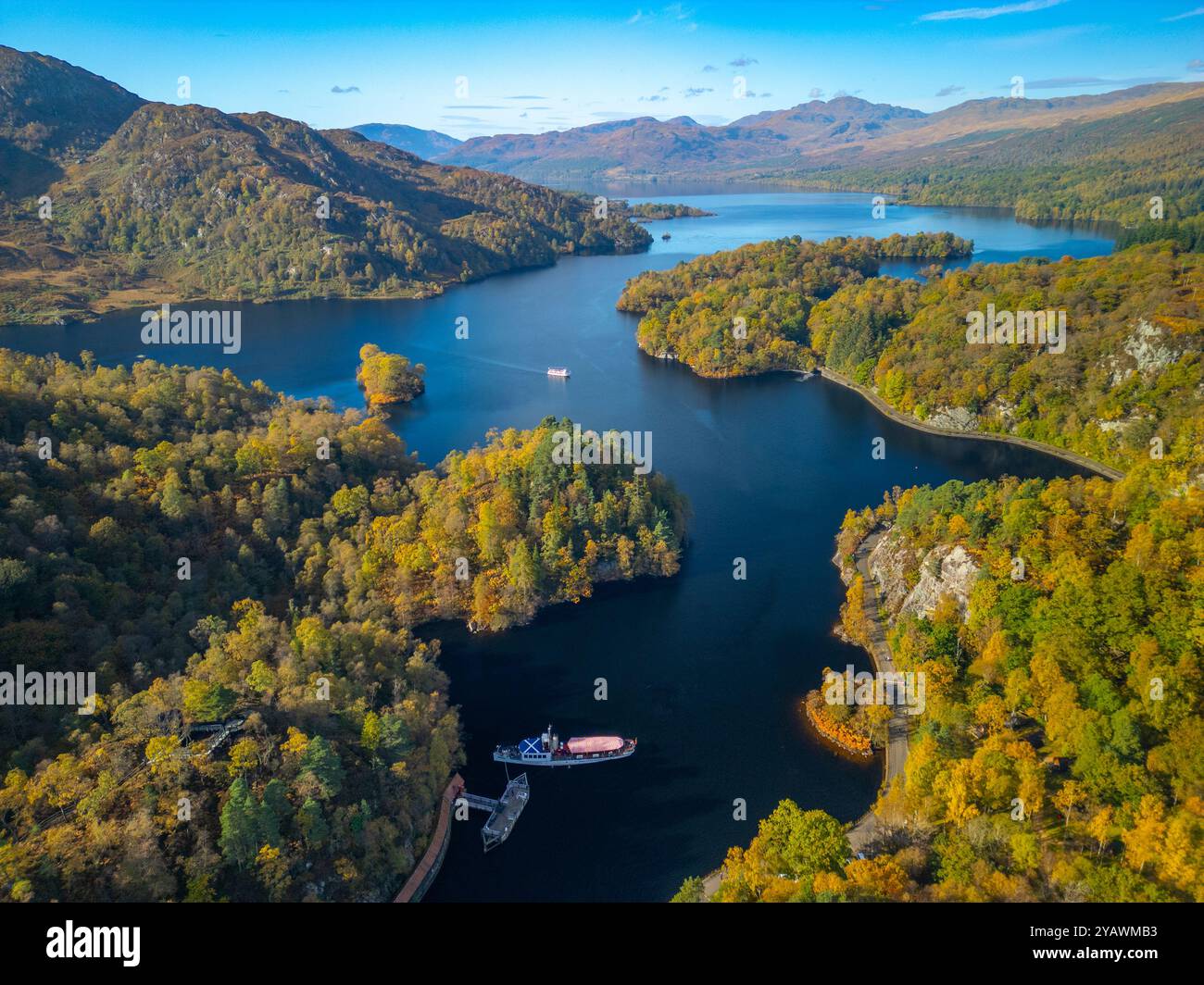 Aerial view from drone of Loch Katrine in The Trossachs, Perthshire ...