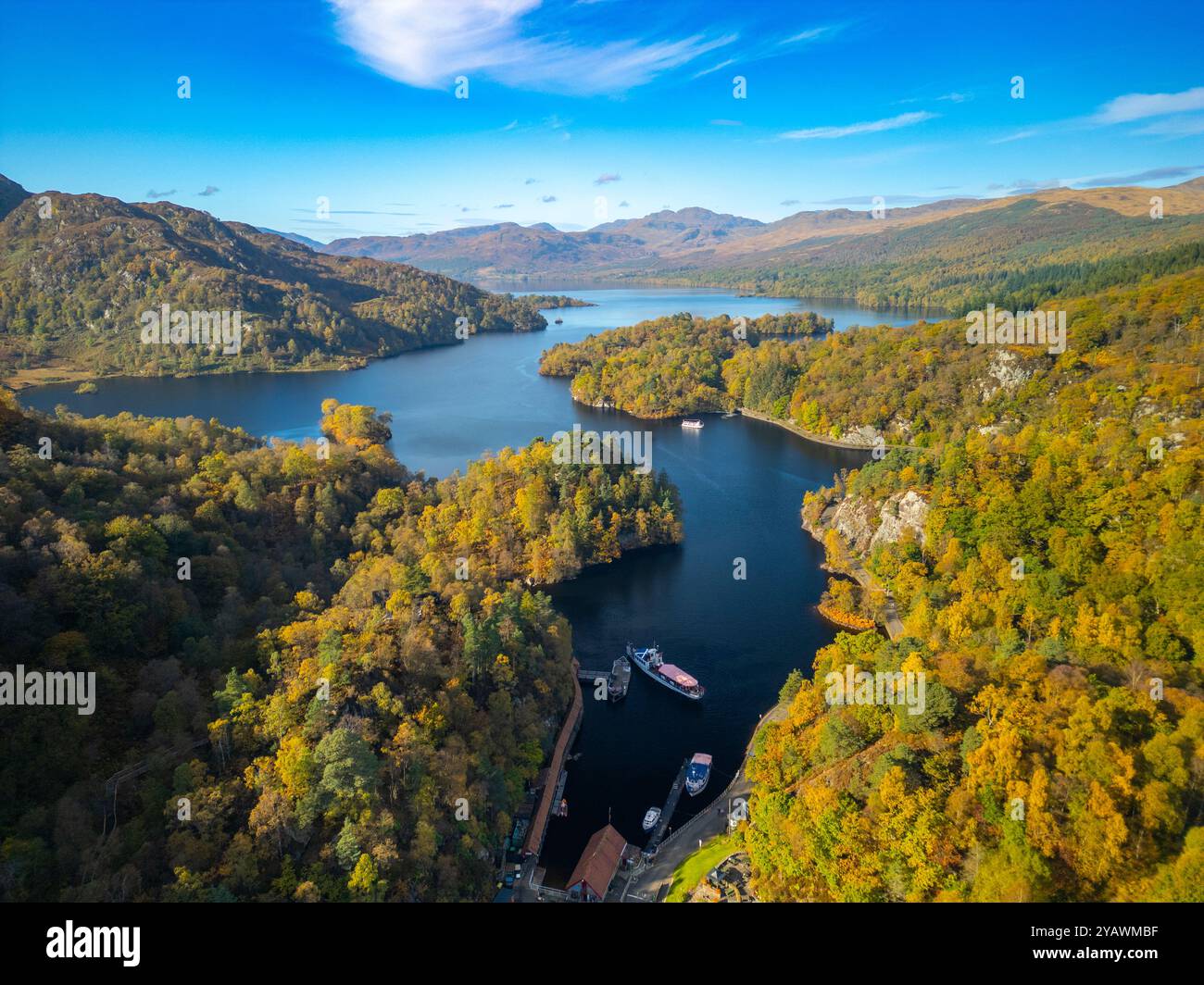 Aerial view from drone of Loch Katrine in The Trossachs, Perthshire ...