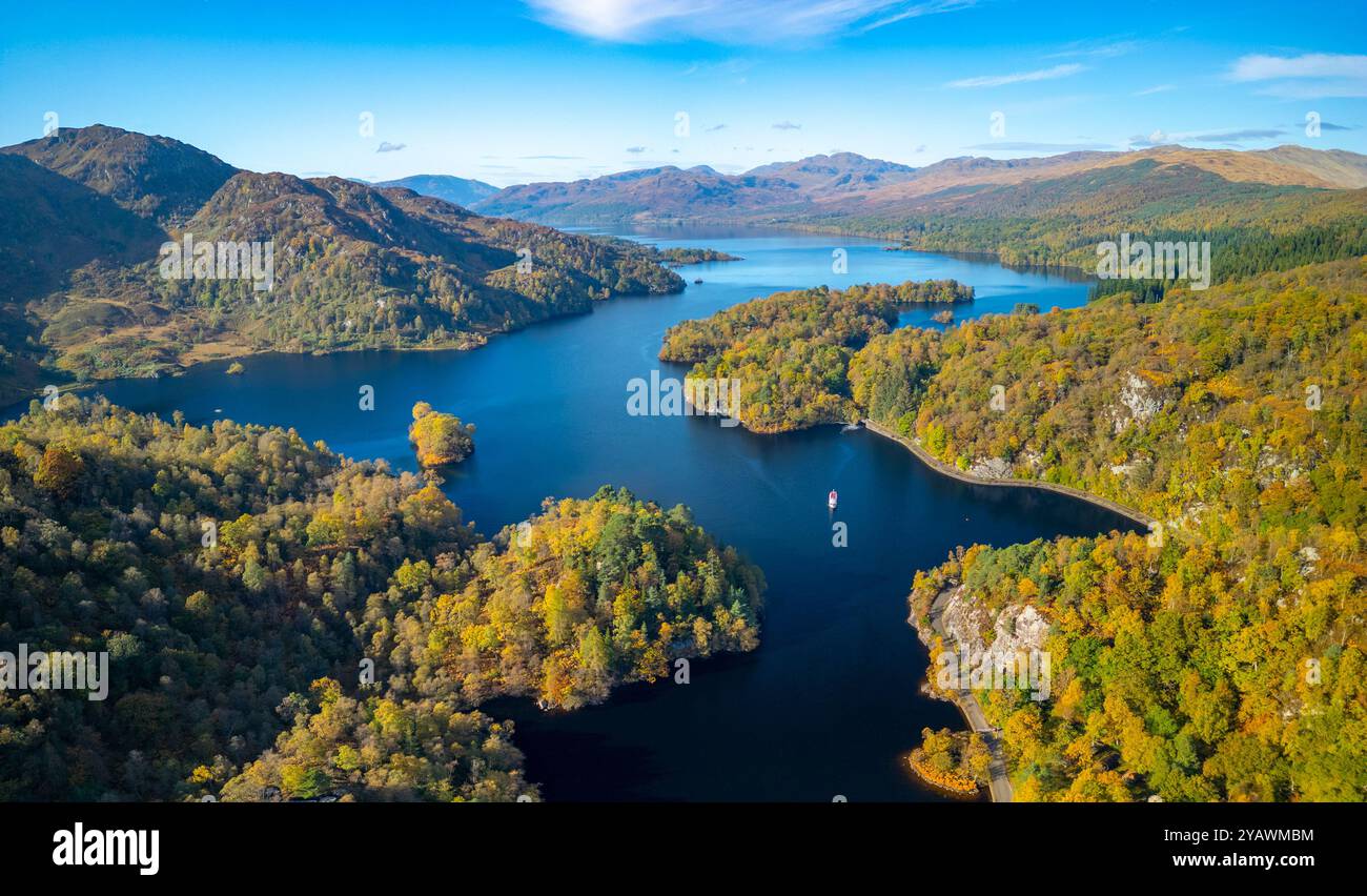 Aerial view from drone of Loch Katrine in The Trossachs, Perthshire ...