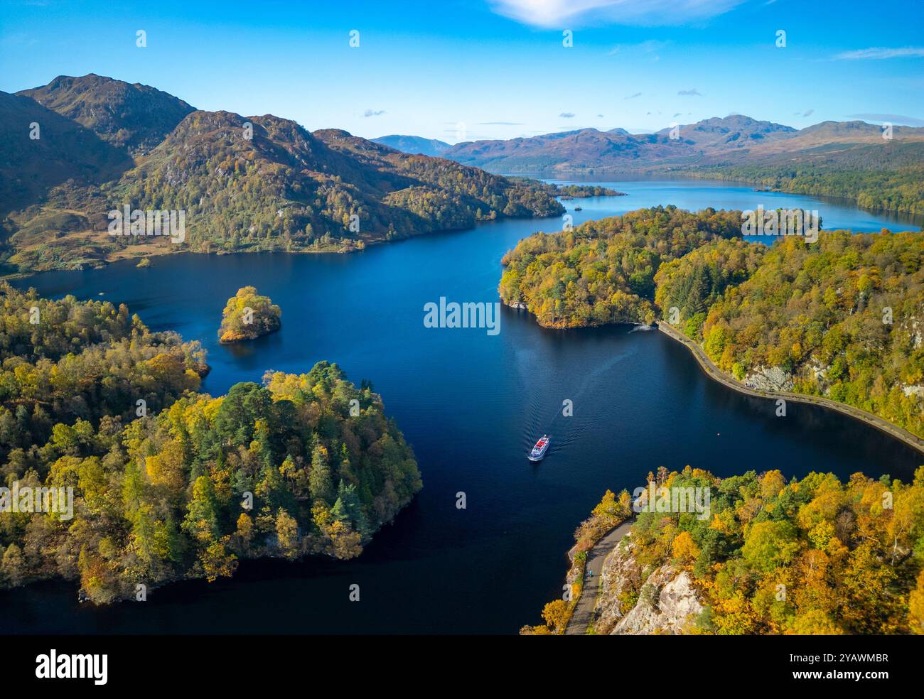Aerial view from drone of Loch Katrine in The Trossachs, Perthshire ...