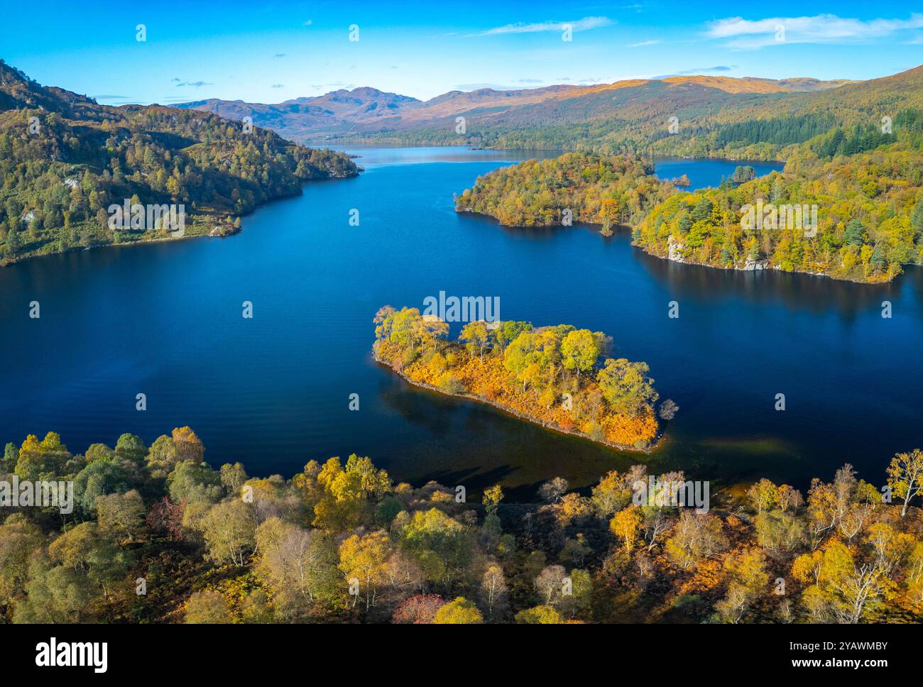 Aerial view from drone of Loch Katrine in The Trossachs, Perthshire ...