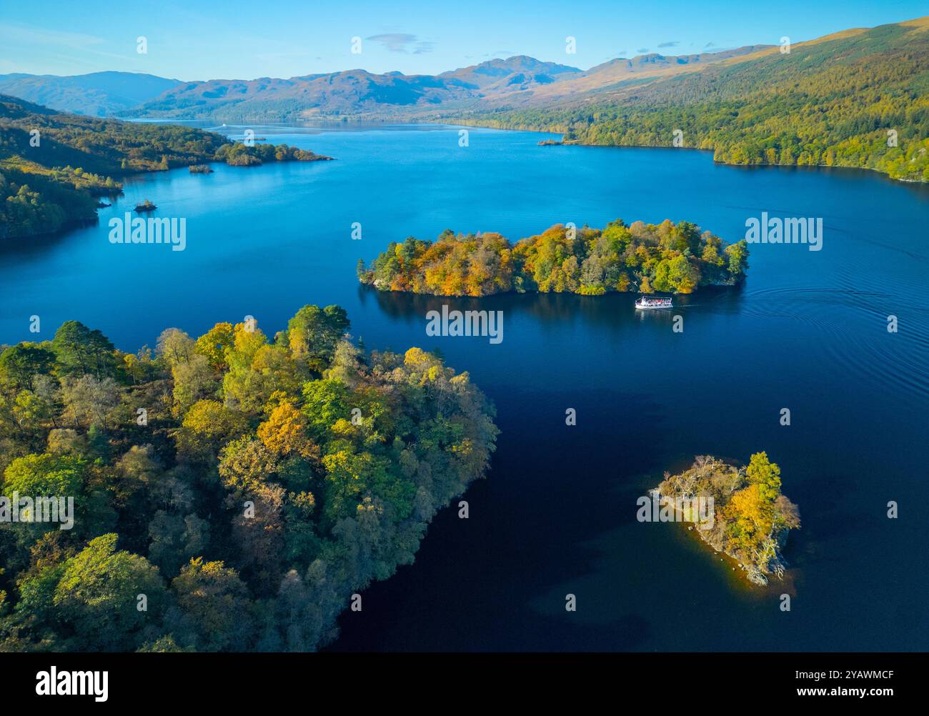 Aerial view from drone of Loch Katrine in The Trossachs, Perthshire ...