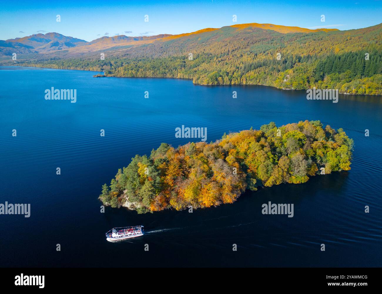 Aerial view from drone of the Lady of the Lake on pleasure cruise on ...