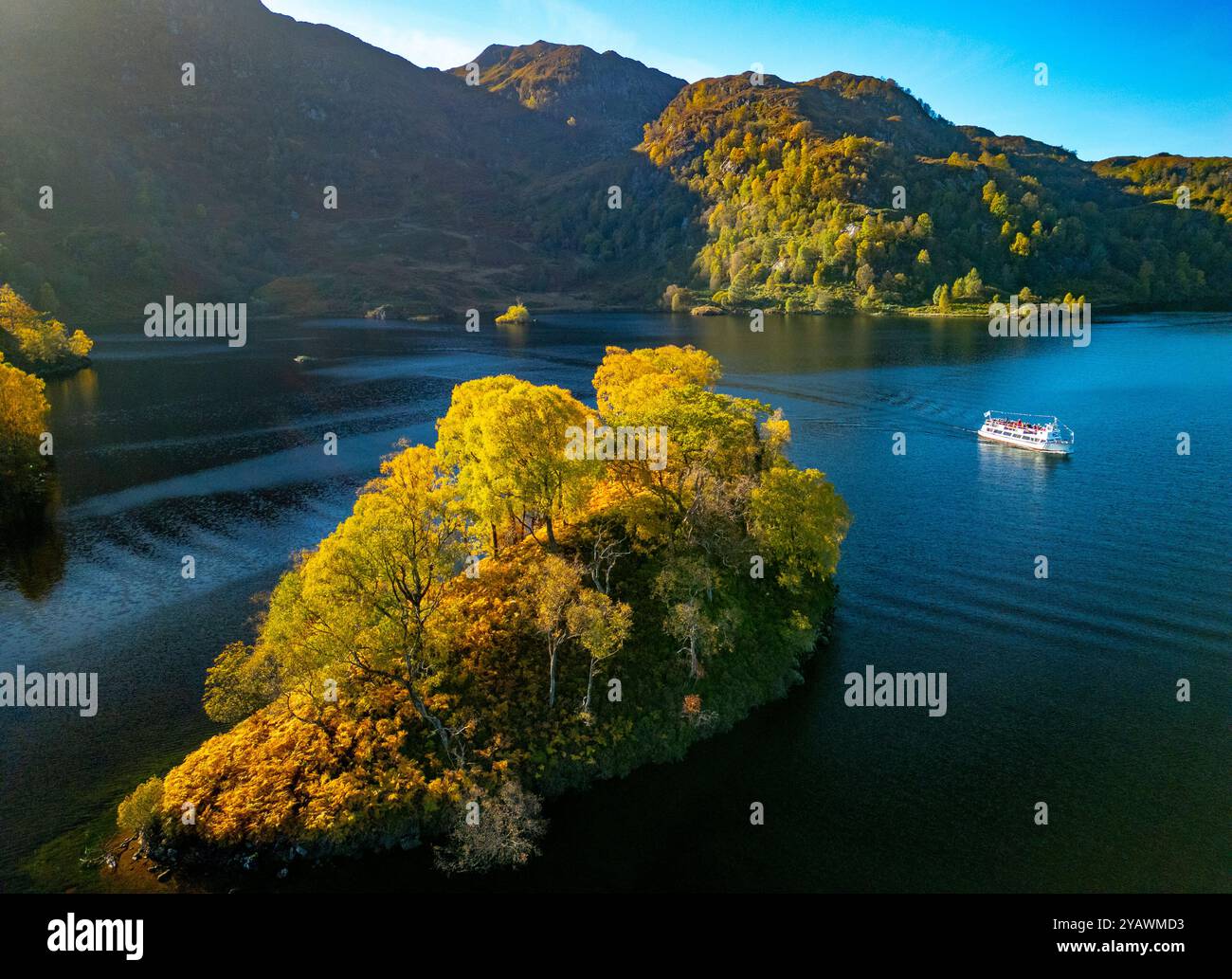 Aerial view from drone of the Lady of the Lake on pleasure cruise on ...
