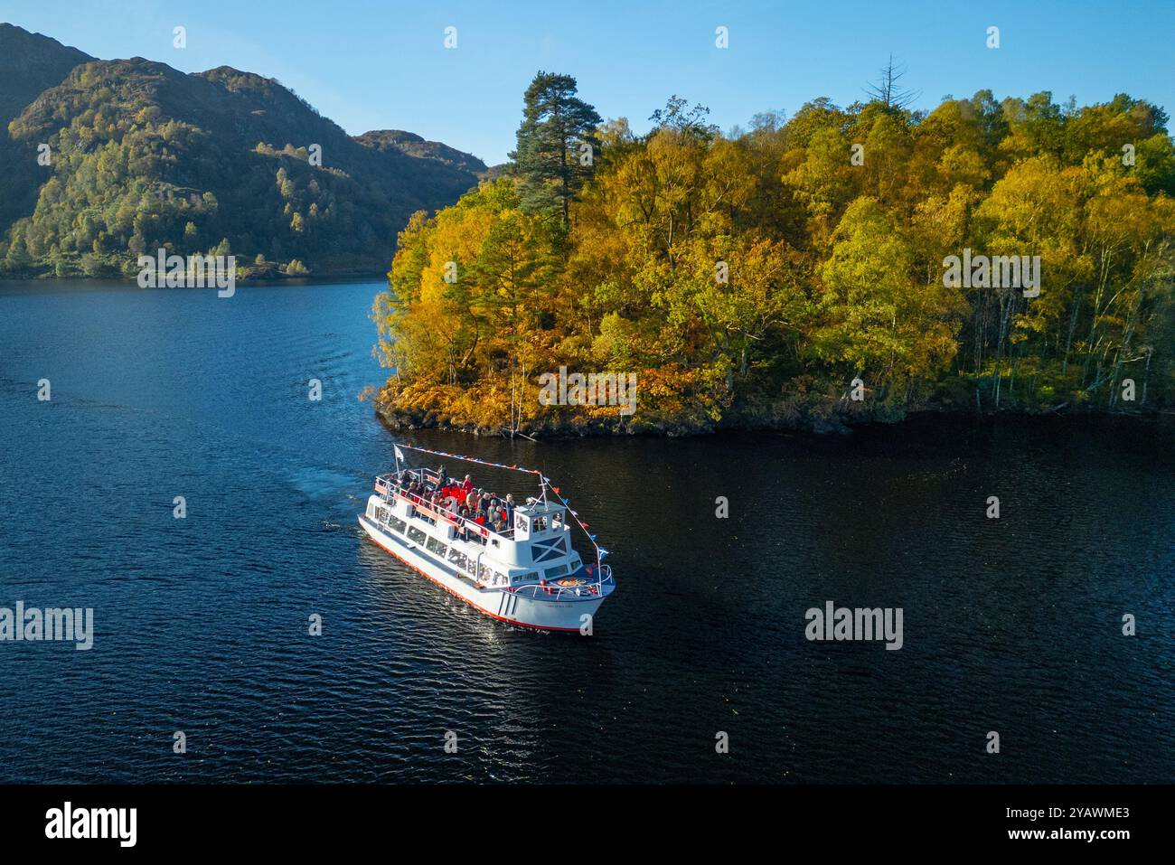 Aerial view from drone of the Lady of the Lake on pleasure cruise on ...