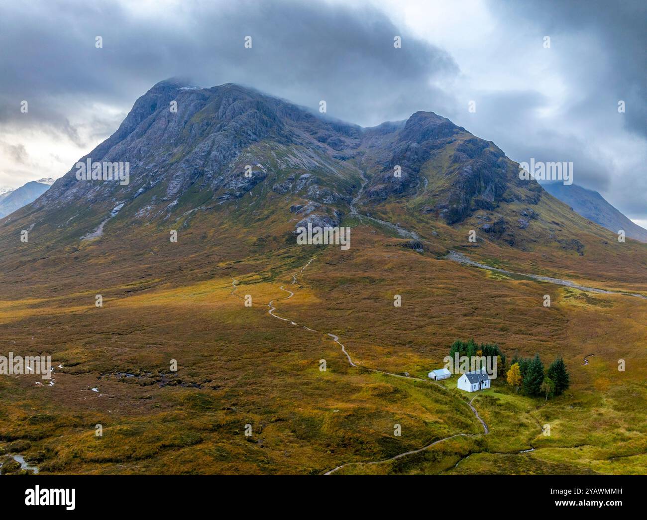 Aerial view of Lagangarbh Cottage with Buachaille Etive Mor behind at ...