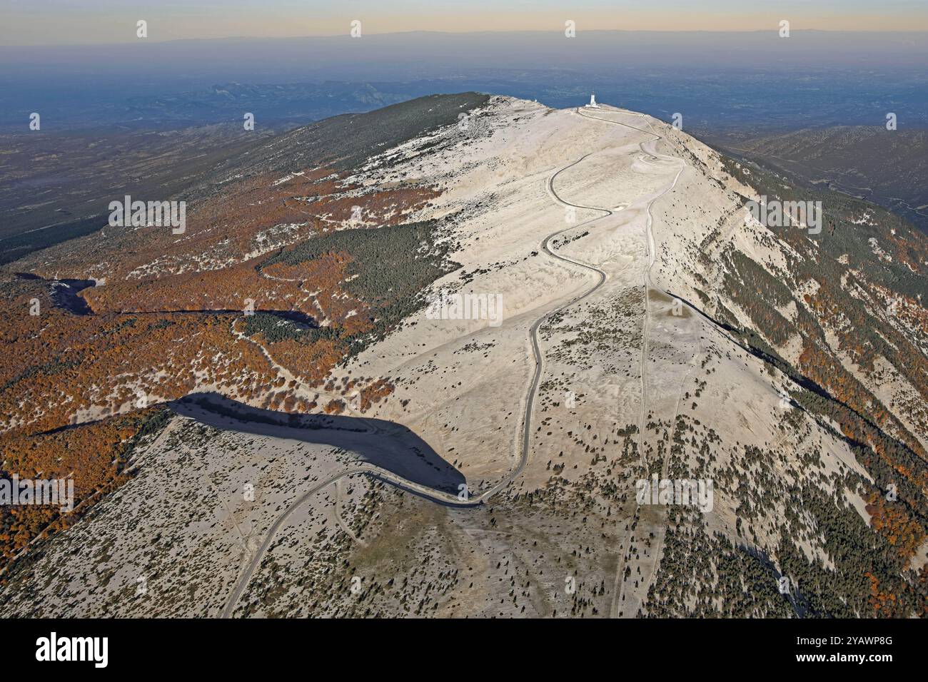 France, Vaucluse Summit of Mount Ventoux and the observatory, aerial ...