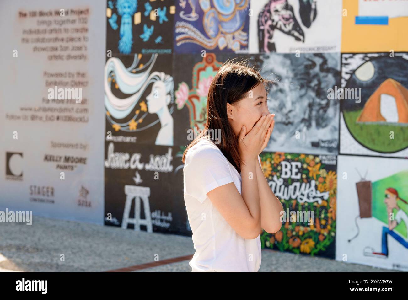 Happy Young Asian Woman Standing Reacting Camera Right Mural Outdoors ...