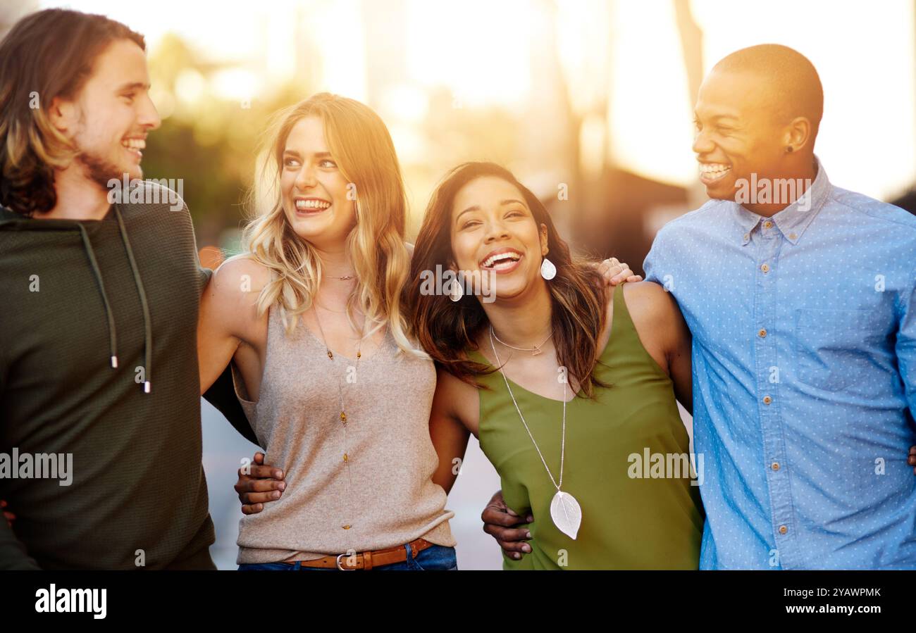 Friends, laugh and walking in city for travel, journey or relationship ...