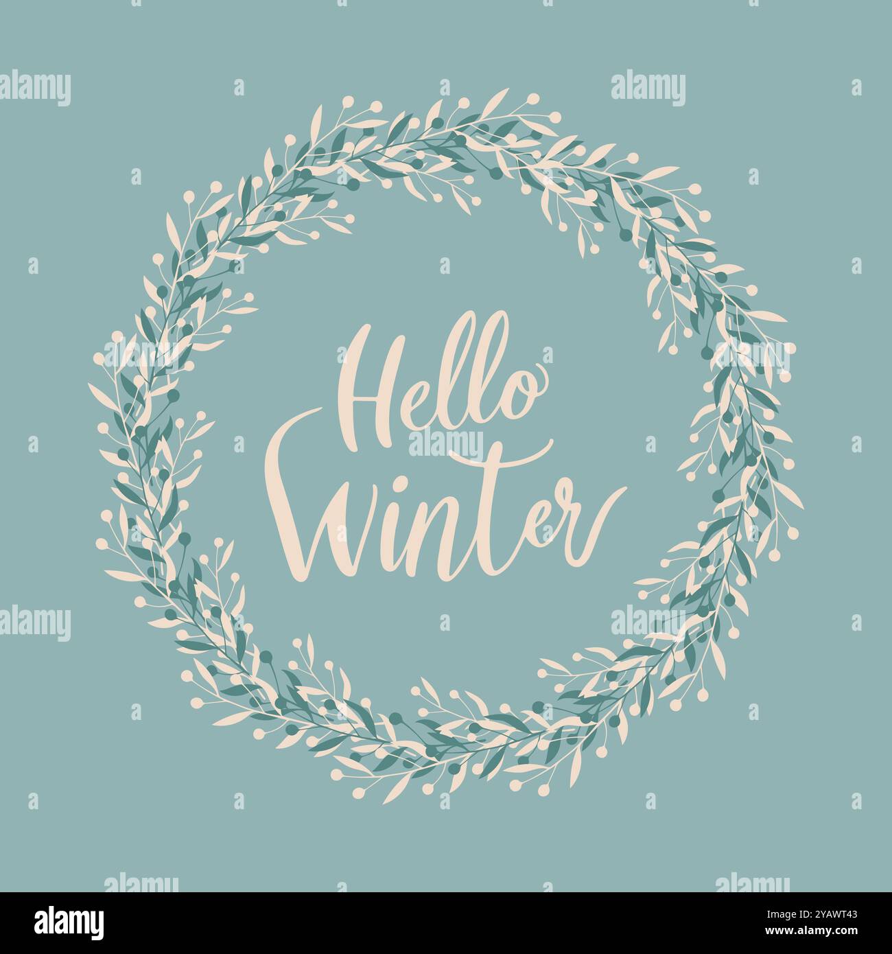 Blue cold card with Hello Winter lettering in a round wreath of doodle ...