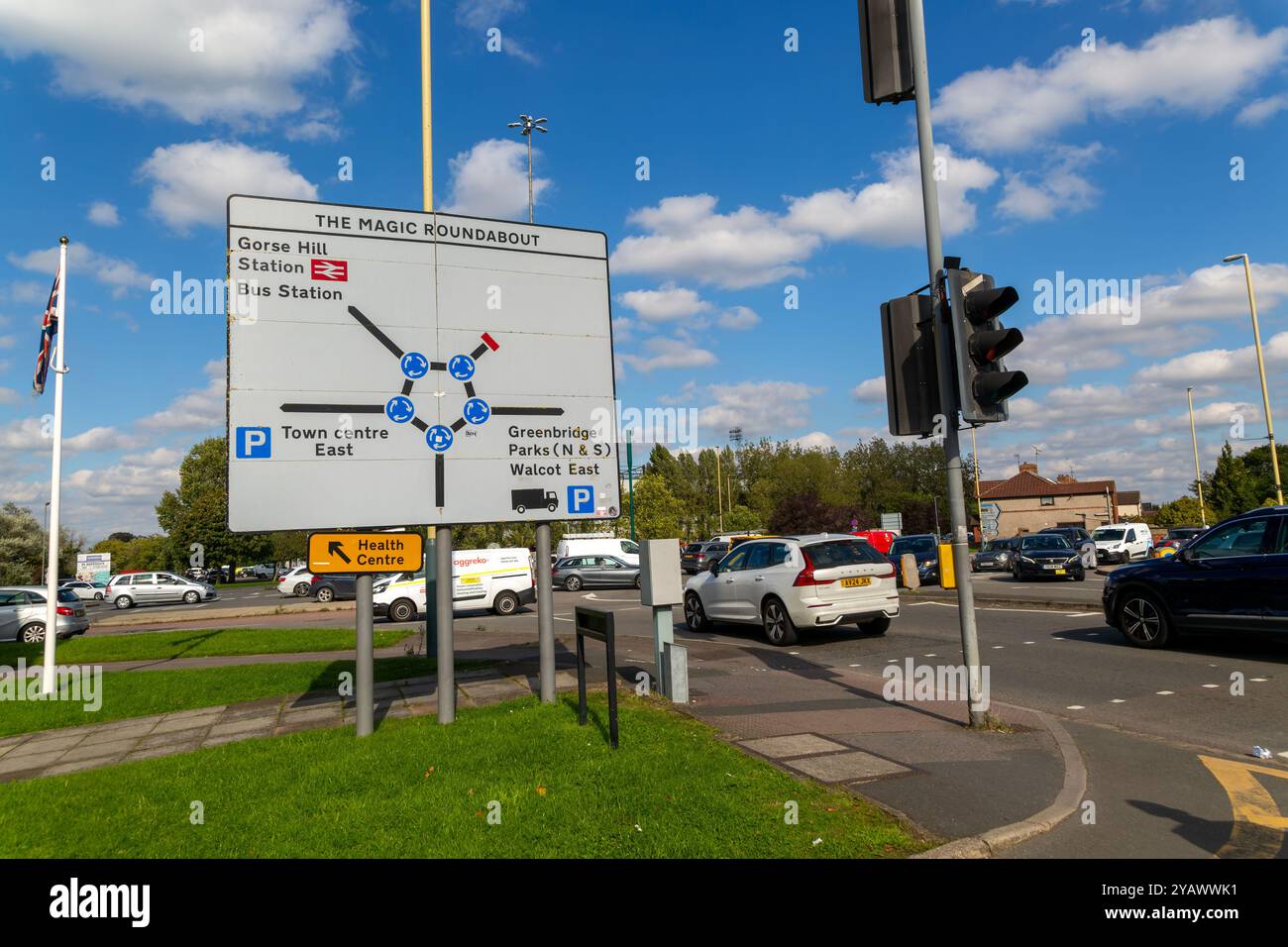 Sign for the Magic Roundabout road system in town centre, Swindon ...