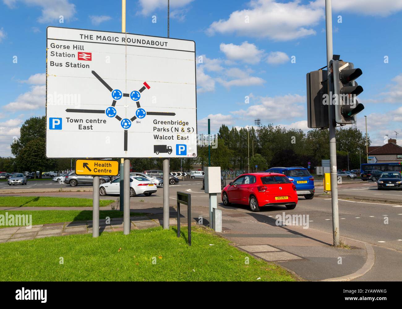 Sign for the Magic Roundabout road system in town centre, Swindon ...