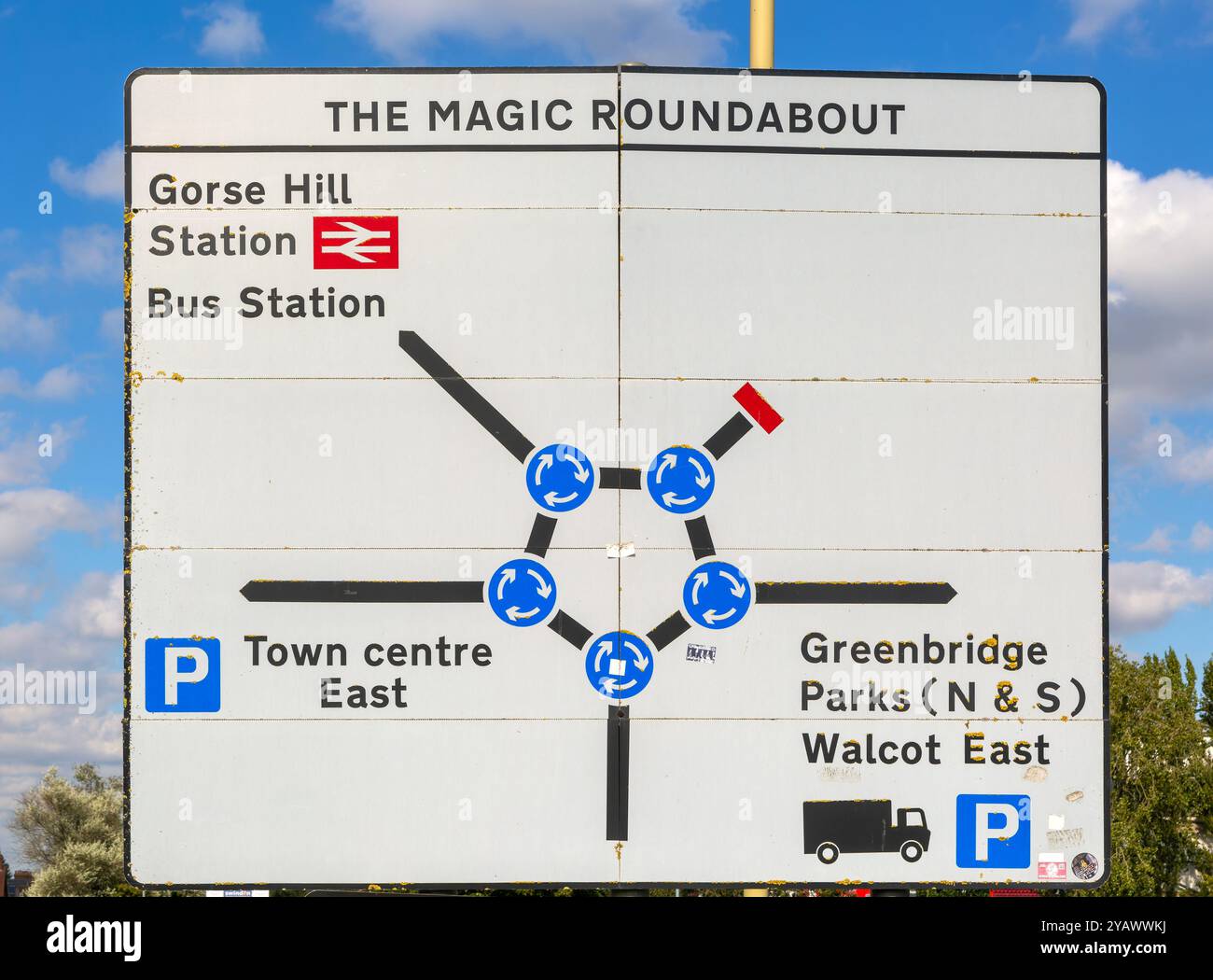 Sign for the Magic Roundabout road system in town centre, Swindon ...