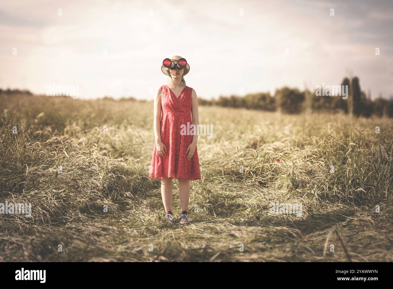 woman with surreal telescope in a field watching infinity, future ...